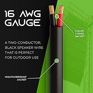 GearIT 16/2 Speaker Wire (100 Feet) 16 Gauge (Copper Clad Aluminum) - Outdoor Direct Burial in Ground/in Wall / CL3 CL2 Rated / 2 Conductors - CCA, Black 100ft