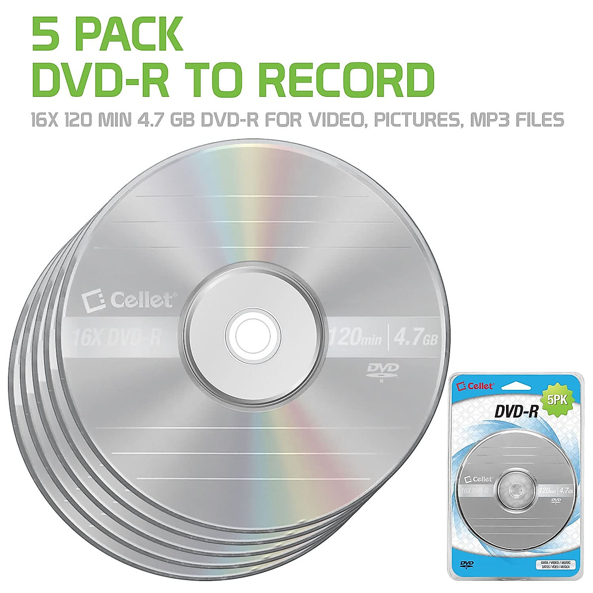 Recordable Blank DVD Disk 16X 120 Min 4.7 GB DVD-R for Video, Pictures, MP3 Files (DVD-R) (5 Pieces)