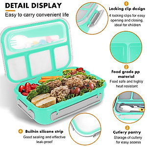 Bento Box, Lunch Box Kids, 1300ML Bento Box Adult Lunch Box with 4 Compartment &Food Picks Cake Cups, Lunch Box Containers for Adults/Kids/Toddler, Leak-Proof, Microwave/Dishwasher/Freezer Safe(Green)