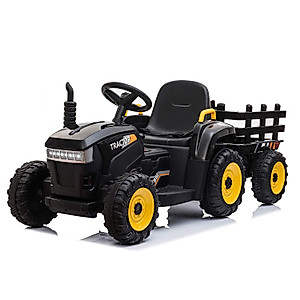 TOBBI Kids Electric Ride On Toy Tractor, 12v Battery-Powered 4 Wheels Ride On Car with Trailer for Toddlers 3-6 Years-Black