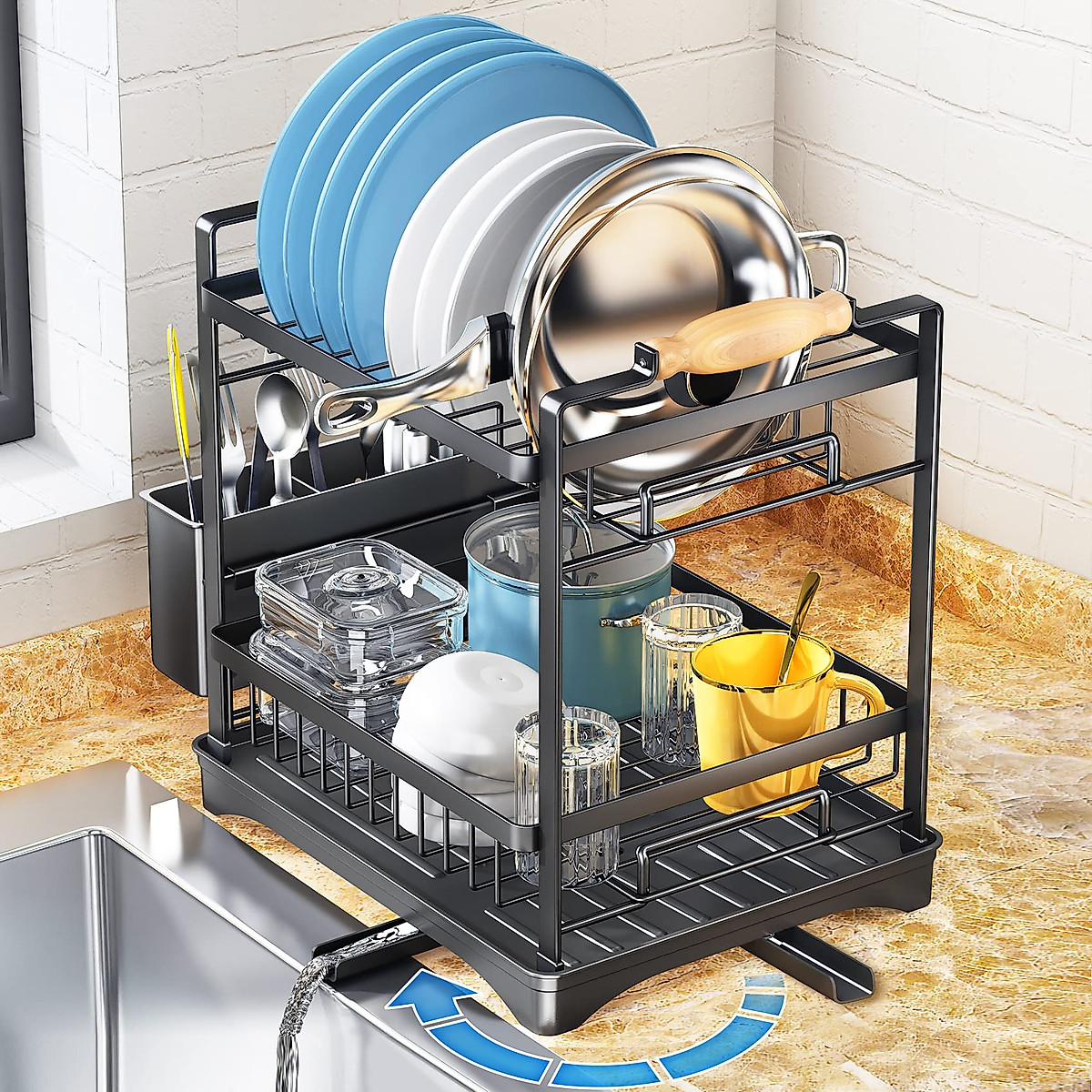 SNTD Dish Drying Rack, 2-Tier Dish Rack with Drainboard Auto Drain Spout, Kitchen Counter Dish Drainer with Utensil Holder Sink Caddy, Dish Dryer Rack Over Sink Organizer Black