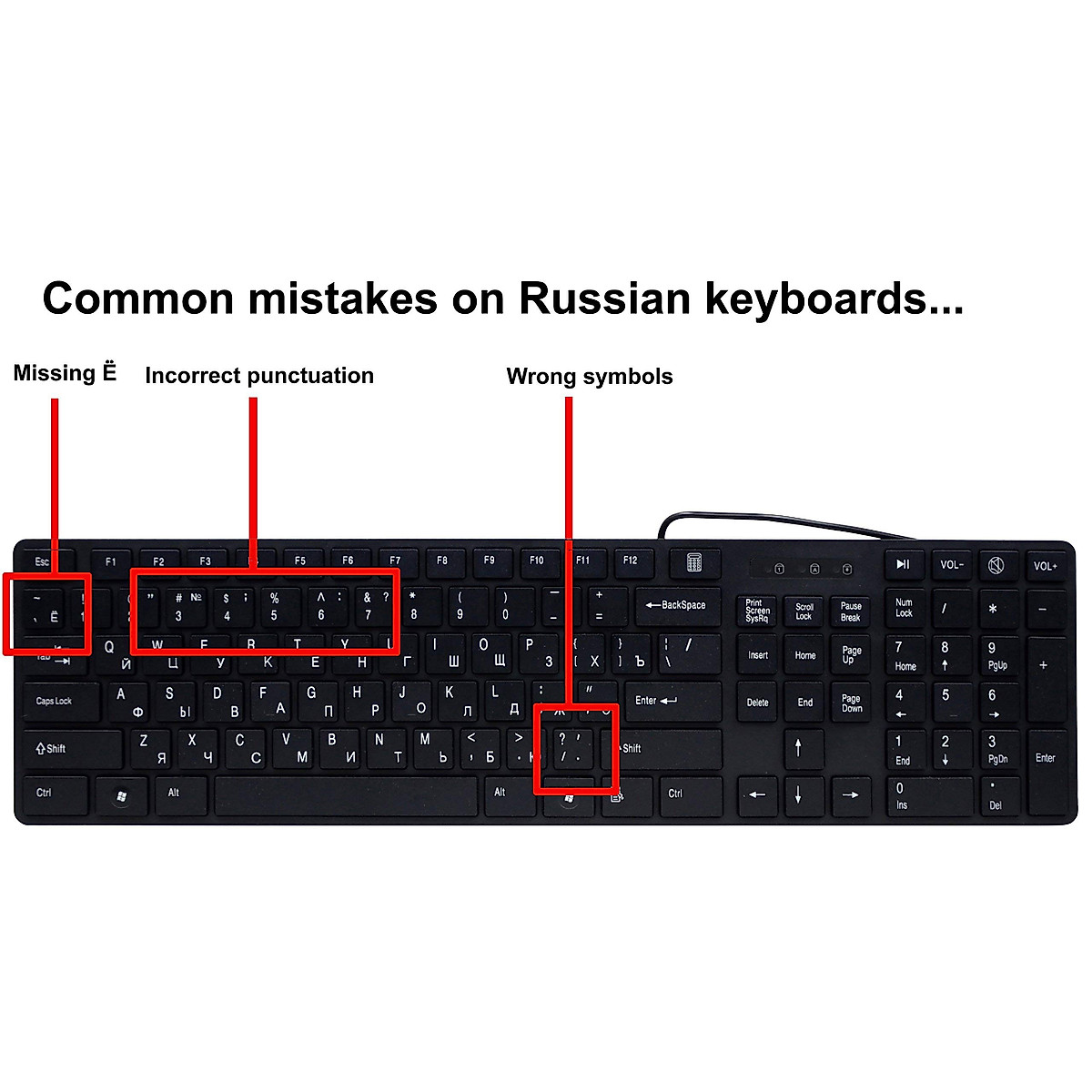USB Keyboard with Russian English (Cyrillic) Letters/Characters- Full Size Slim Desktop Design