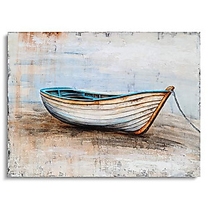 SYGALLERIER Coastal Canvas Wall Art Hand Painted Boat Still Life Painting Modern Nautical Pictures Aesthetic Artwork for Living Room Bedroom Bathroom Decor