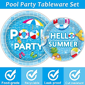 98 Pieces Pool Party Decorations Summer Beach Birthday Party Tablecloths Pool Surfboard Party Tableware Sets for Hawaiian Birthday Baby Shower Party Supplies Favors