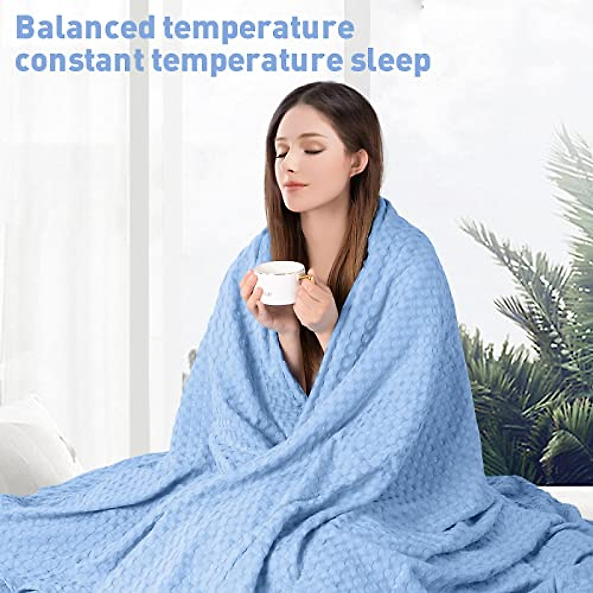 LBRO2M Waffle Blanket Twin Size Bamboo Cotton Cooling,Summer Lightweight Bed Sofa Couch Throws Blankets,Super Soft Cool Weave Travel for All Season, Lake Blue