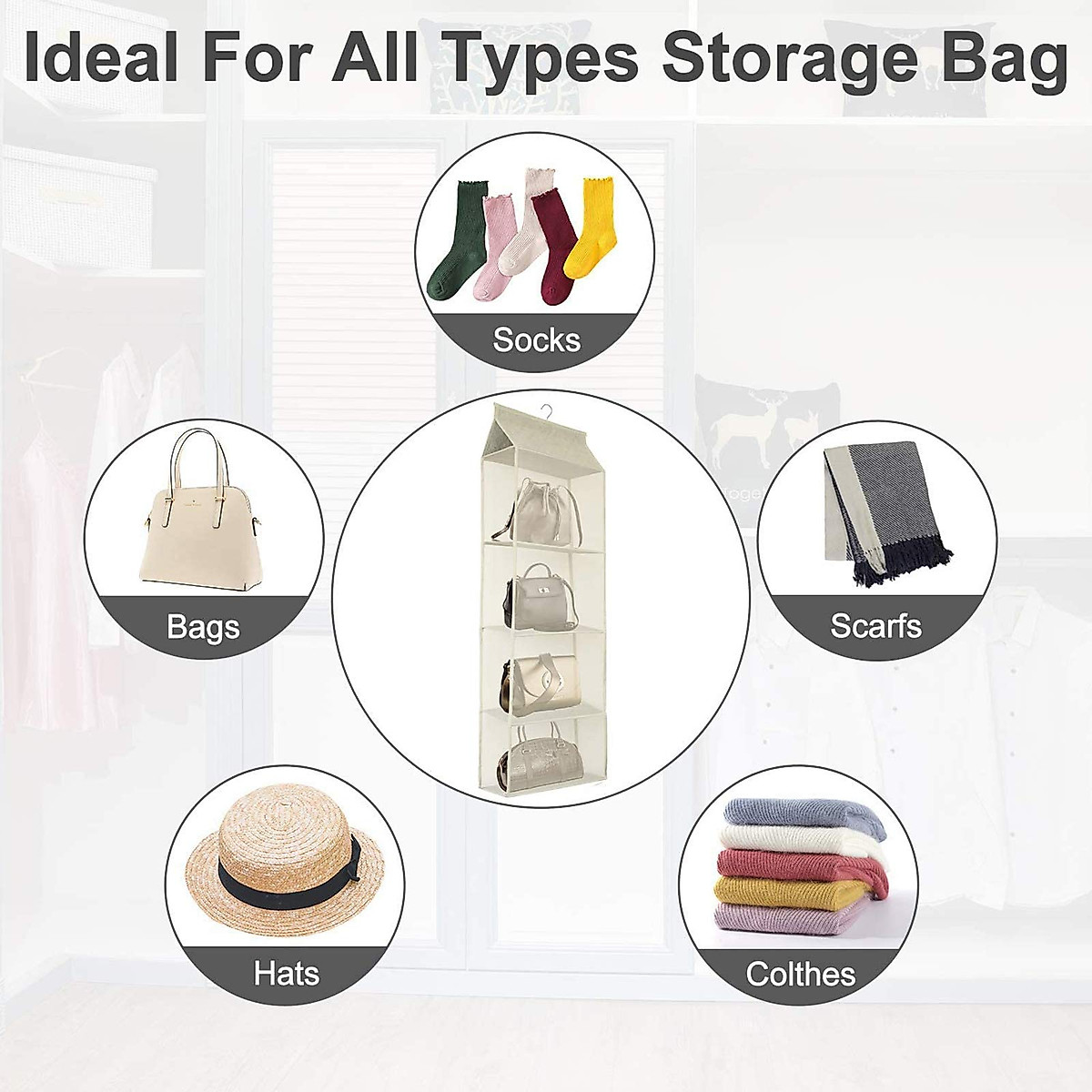 BIMZUC Hanging Handbag Organizer, [2 Pcs] Closet Hanging Organizer for Purse Handbag Bag, Hanging Purse Storage Organizer, Closet Organizers Storage for Room Family Bedroom Use, 4 Grids-Beige