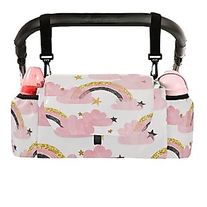 Sinestour Rainbows Clouds Star Stroller Organizer with Cup Holder Universal Stroller Organizer Bag Detachable Shoulder Strap Stroller Accessories for Diaper Keys Phone Toys Fit All Baby Stroller