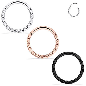 SCERRING 3PCS 16G Stainless Steel Hinged Clicker Segment Septum Nose Lip Ring Hoop Cartilage Tragus Sleeper Earrings Body Piercing Jewelry Braided 10mm Mix Color