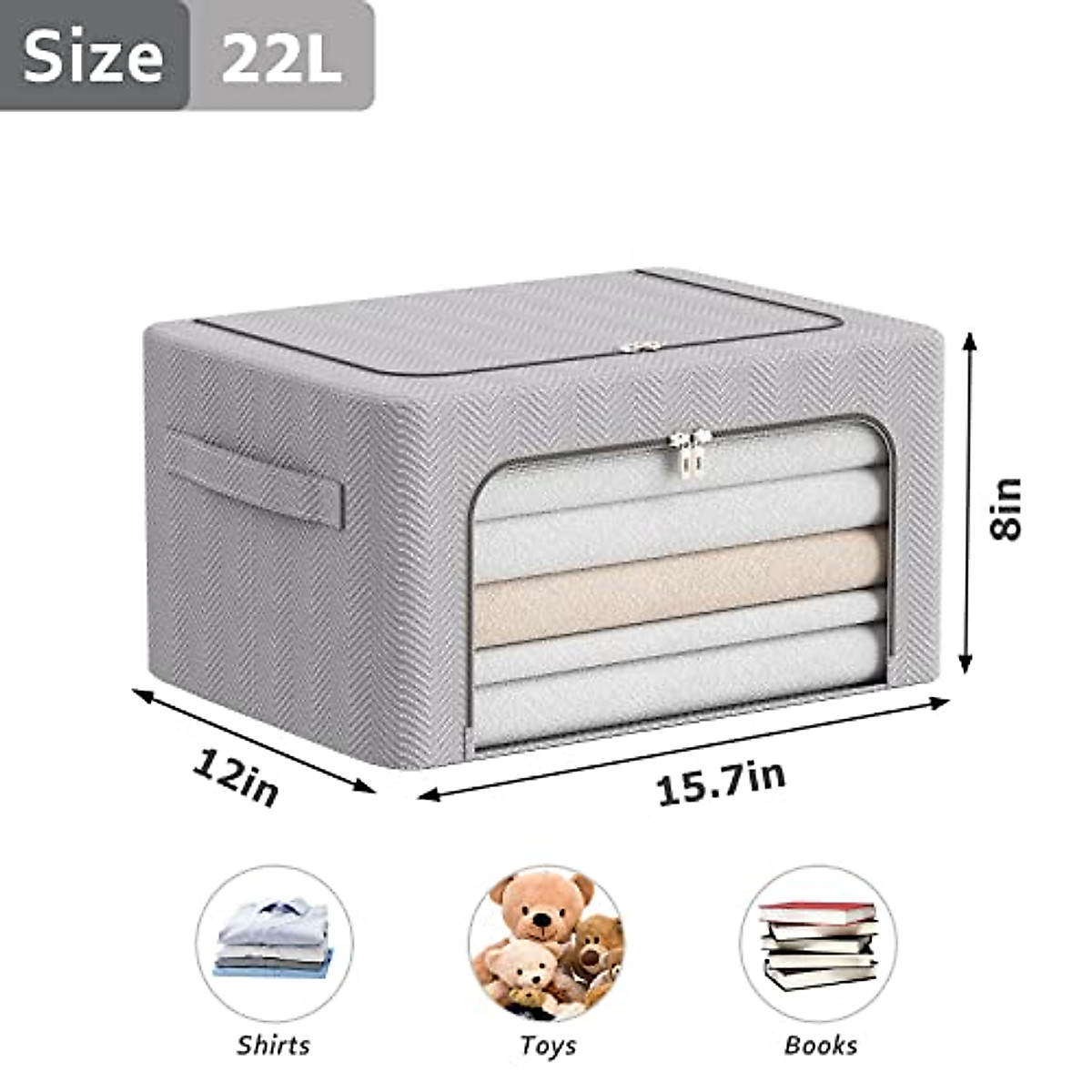 Foldable Clothes Storage Bins 2 Pack, Stackable Metal Frame Clothing Storage Box, Oxford Fabric Organizer Set with Clear Windows&Sturdy Carry Handles(22L,Light Grey)