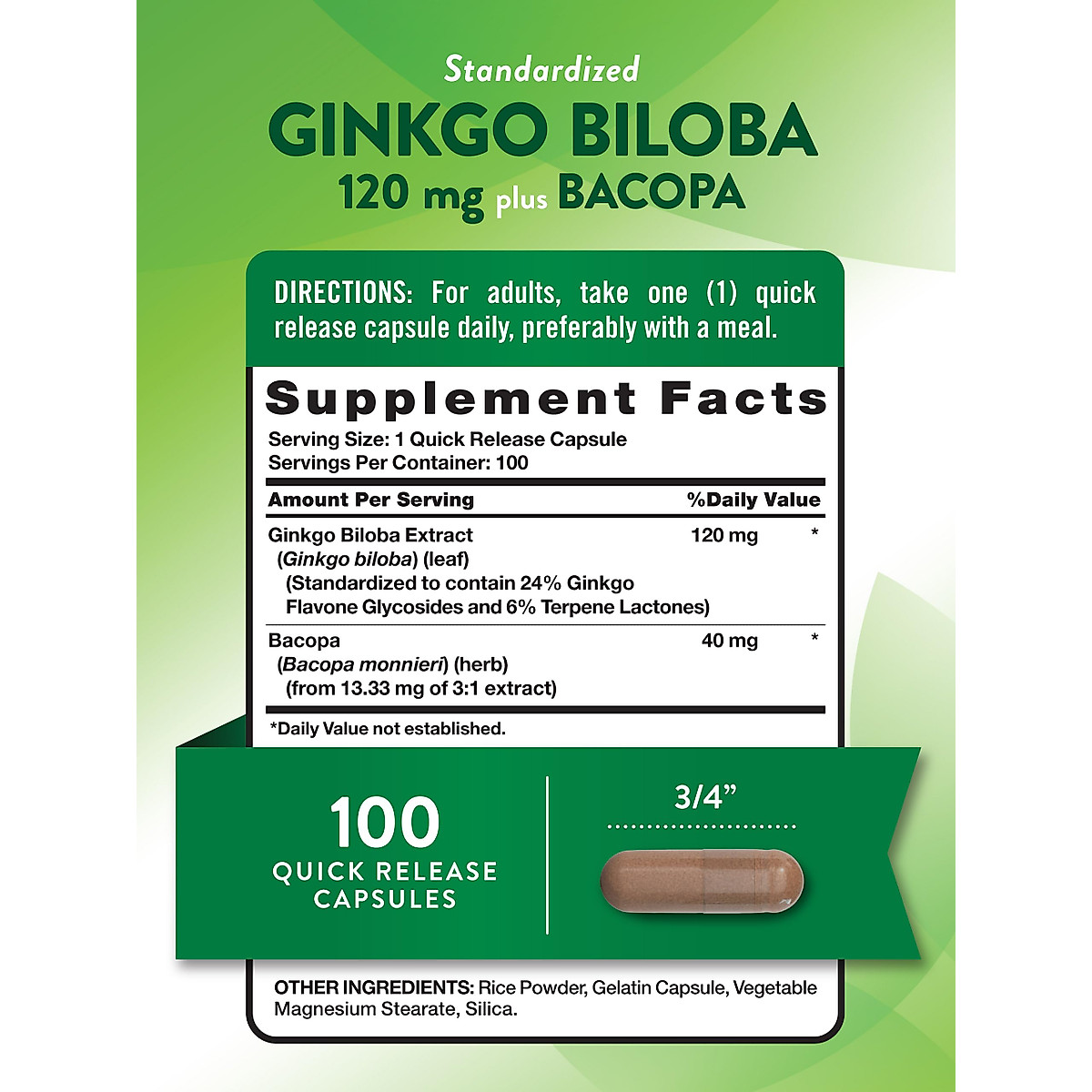 Ginkgo Biloba 120mg | Plus Bacopa | 100 Quick Release Capsules | Standardized Extract | Non-GMO and Gluten Free Supplement | by Nature's Truth