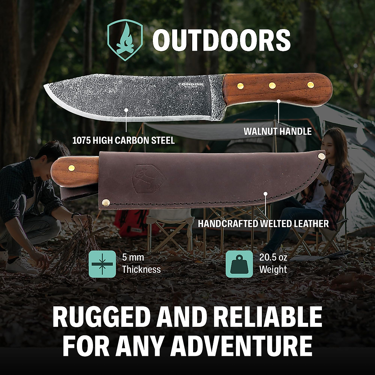 Condor Tool & Knife Hudson Bay Camp Knife | 1075 High Carbon Steel Fixed Blade Camping Knife | Hand Crafted Welted Leather Sheath | Full Tang Knife | Bushcraft Knife with 8.4in Blade | 5mm Thick |20.5oz