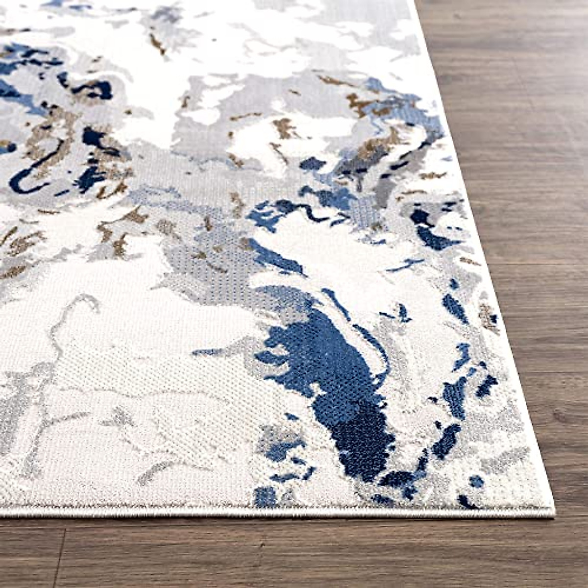 Abani Transitional Rugs Grey & Blue Swirl 4' x 6' Area Rug - Abstract Marble Watercolor No-Shed Premium Dining Room Rug