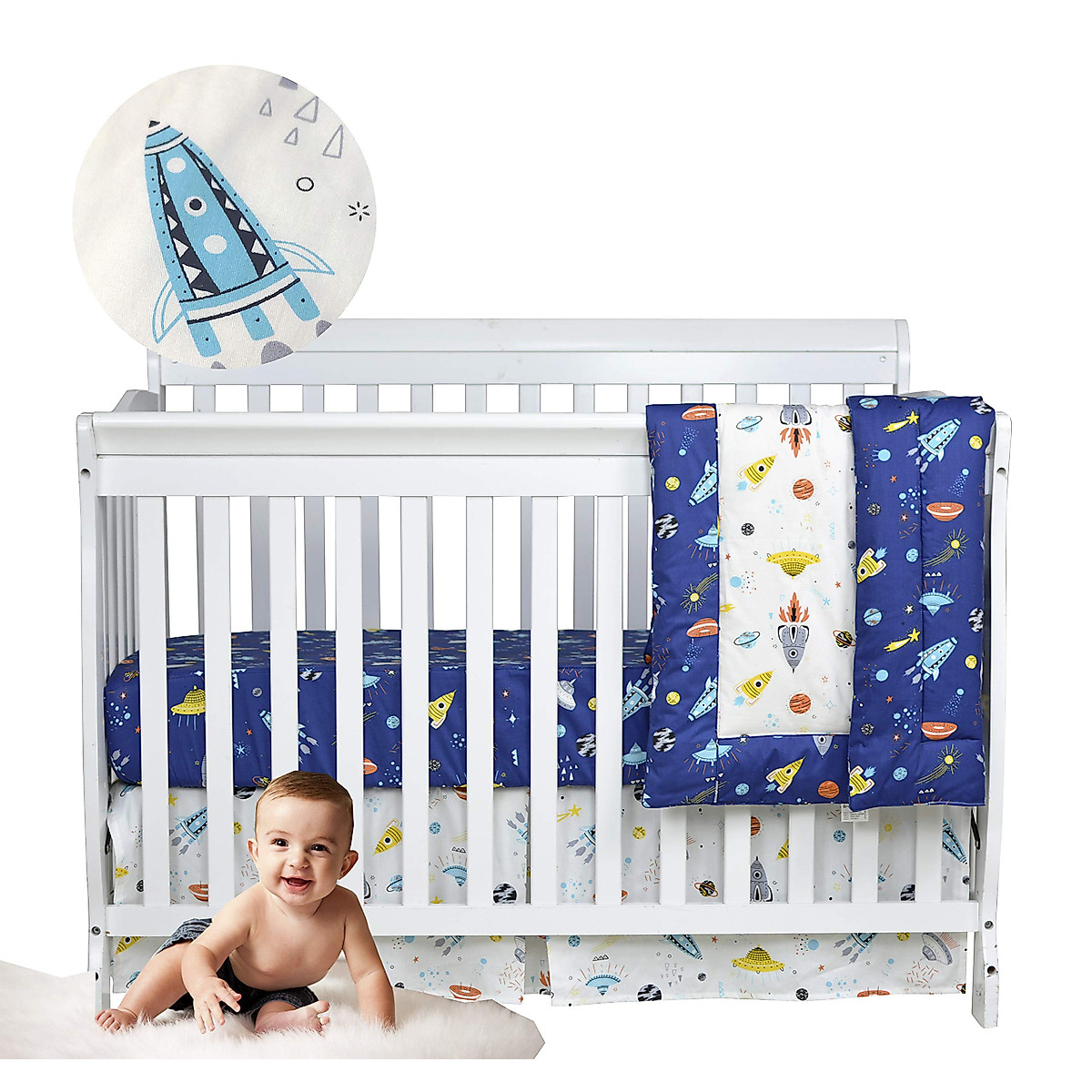Brandream Baby Boys Crib Bedding Sets Outer Space Rocket Planet Astronaut Nursery Bedding Set,3 Piece Baby Newborn Crib Comforter Sets 100% Cotton, Navy/White