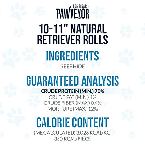 Pawveyor 10-11" Retriever Rolls for Large Dogs - Pack of 20 Thick Long Lasting Dog Chews for Aggressive Chewers - All-Natural, Protein-Dense Jumbo Rawhide Chews - Odor-Free and Supports Dental Health