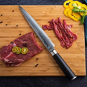 BOAMLONA Damascus Carving Knife - 8" Slicing Razor Sharp Meat Cutting Knife - Japanese VG10 Steel Core High-carbon steel Forged -Full Tang Ergonomic G10 Handle/w Sheath&Gift Box