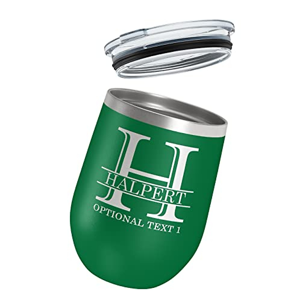 Personalized 12oz (17 Colors) Powder Coated Stainless Steel Stemless Wine Tumbler with Lid, Custom Etched, Customized Gift for Women Her, Wine Lover, Halpert Monogram Initial Name (Green)