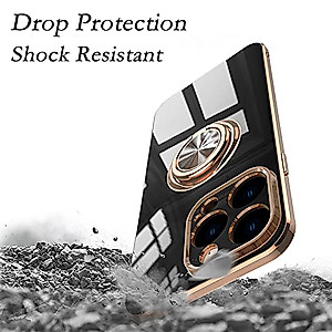 aowner for iPhone 14 Pro Case with Ring Holder, 360 Rotatable Magnetic Kickstand Support Car Mount Slim Shockproof for Women Men Protective Phone Case for iPhone 14 Pro 6.1", Blue Gray/Gold