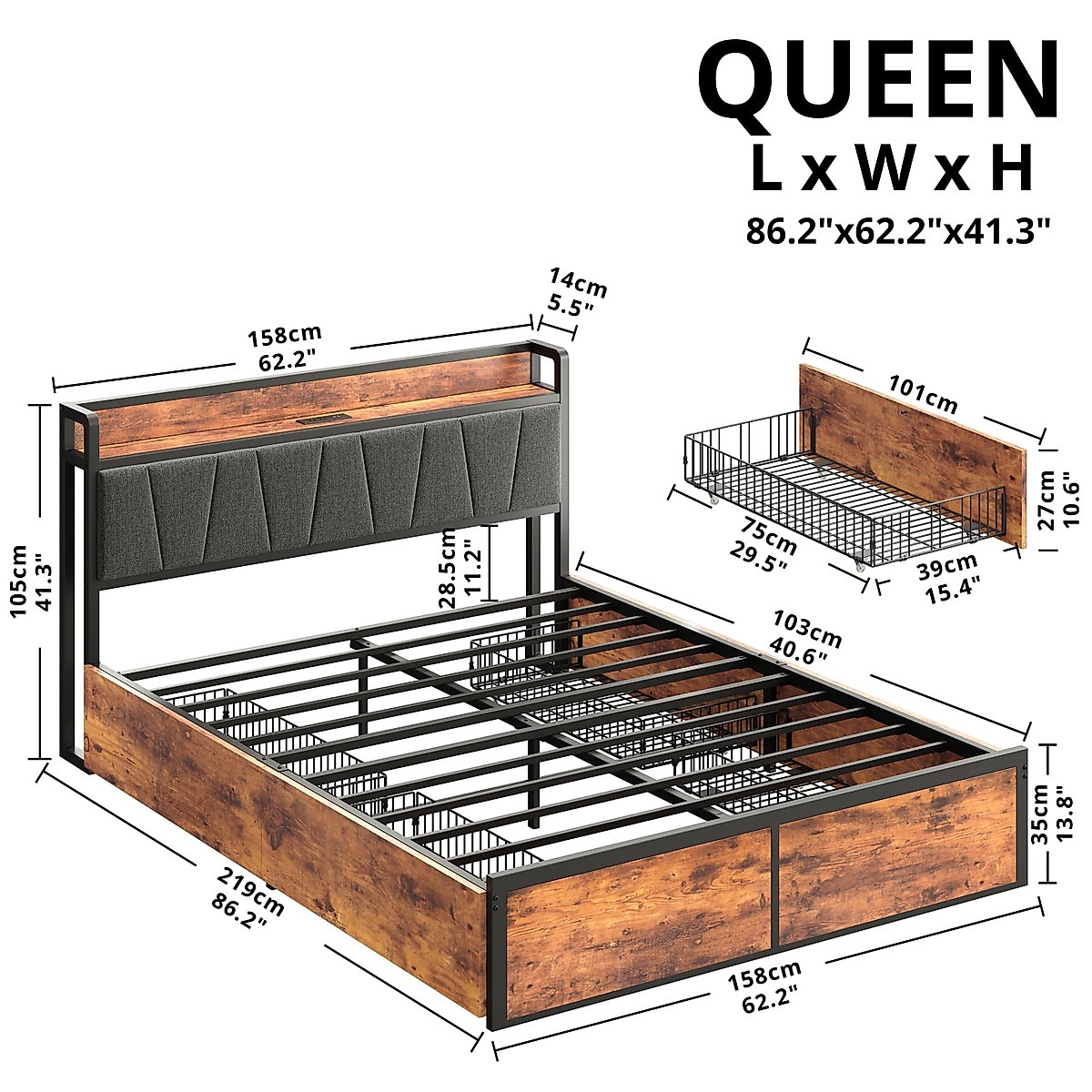 LIKIMIO Queen Bed Frame with 4 Storage Drawers, Platform Bed with Charged Headboard, Sturdy and Stable, No Noise, No Box Spring Needed, Easy to Install, Vintage Brown and Gray