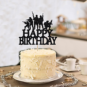 Naicaek Black Glitter Happy Birthday Cake Topper，Soldier Military Theme Happy Birthday Cake Topper，Retirement Military Party Military Themed for Kids Boys Men Birthday Party Supplies (1)
