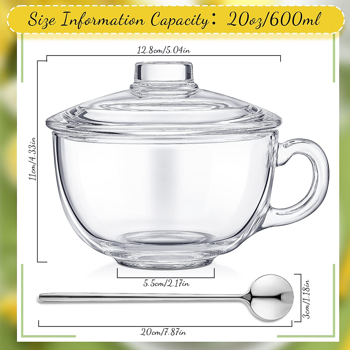 Didaey Set of 4 Glass Cereal Bowls Microwave Safe Glass Soup Bowls with Handle and Spoon Clear Oatmeal Bowl Mixing Ramen Pot Glass Coffee Mugs with Lids Milk Breakfast Bowls for Yogurt 20 Oz/ 600 ml