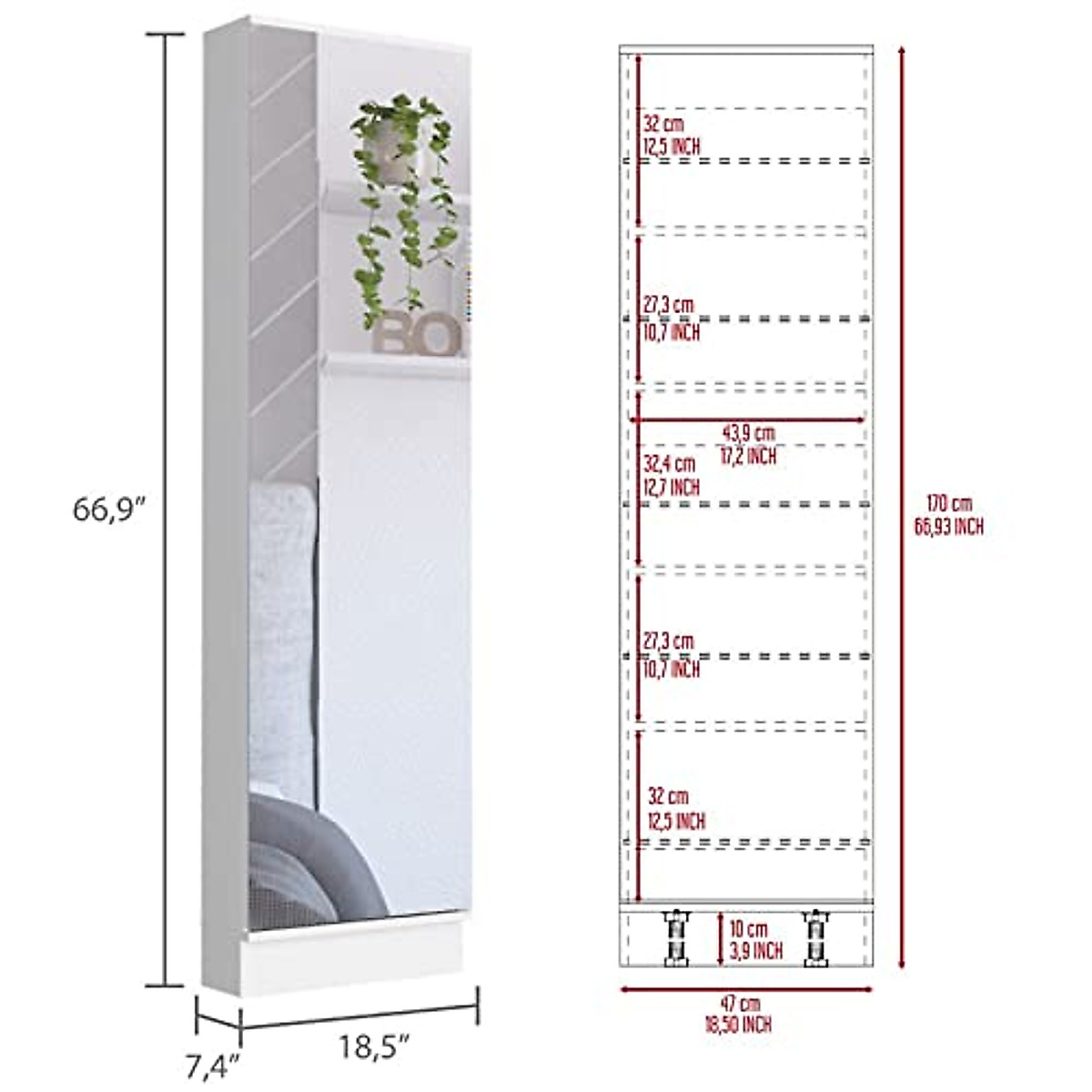 Ymlpre Full Length Mirror Shoe Rack, Wooden Standing Shoe Organizer, Five Internal Shelves, One-Door Shoe Cabinet for Entryway, Bedroom & Hallway, 18.5”W x 7.4”D x 66.9”H, White