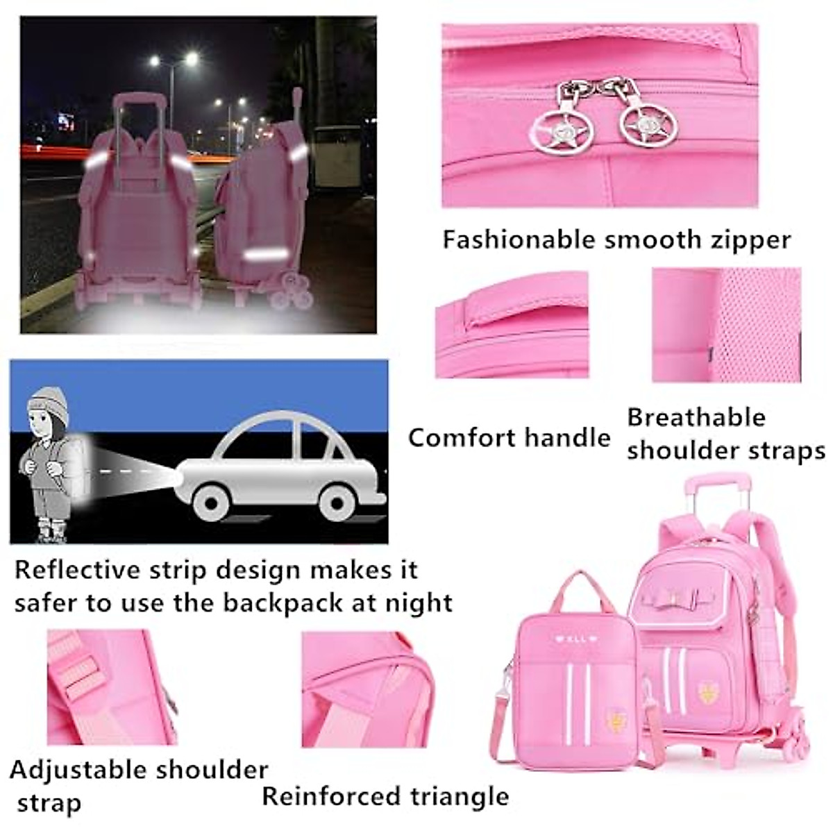 ZHANAO Rolling Trolley Bag Wheeled Backpack Bowknot for Girls Primary Schoolbag 3Pcs with Crossbody Bag Pencil Case