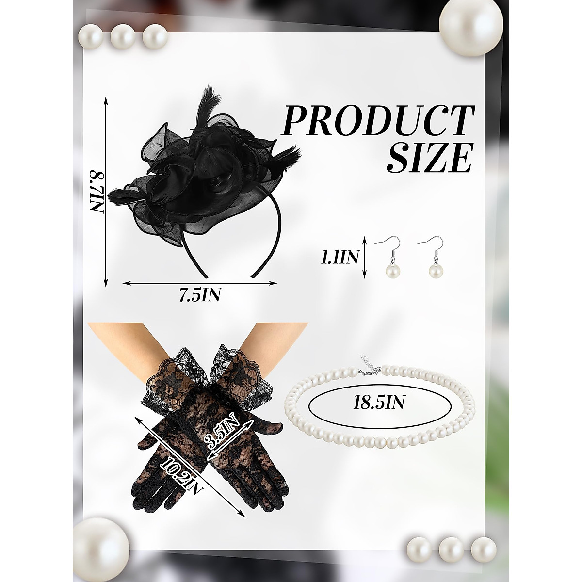 Bonuci 4 Pcs 50s Fascinator Hat for Women Black Funeral Veil Hat Tea Party Headpiece Lace Glove Pearl Necklace Earring(Elegant Style)