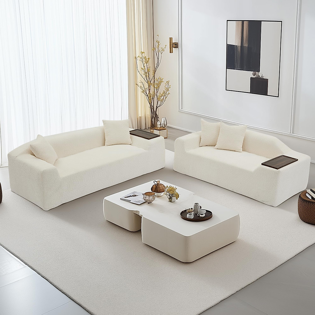 2 Piece Modern Sponge Floor 85" 3 Seater and 73" Loveseat Sofa Set, Upholstered Boucle Cloud Sofa Set with 2 MDF end Table for Living Room,No Assembly Hassles (Beige)