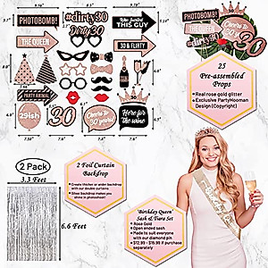 PartyHooman 30th Birthday Decorations for Women With 30th Birthday Sash and Rhinestone Tiara | 30th Birthday Balloons, 2 Pcs Foil Backdrops with 25 pre-assembled photoshoot props | Dirty 30 Birthday