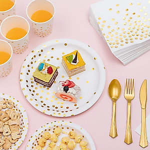 White and Gold Party Supplies, 350PCS Disposable Dinnerware Set w/White Paper Plates Napkin Cups Plastic Forks Knives Spoon for Women Men Birthday Easter Retirement Engagement Graduation Decorations