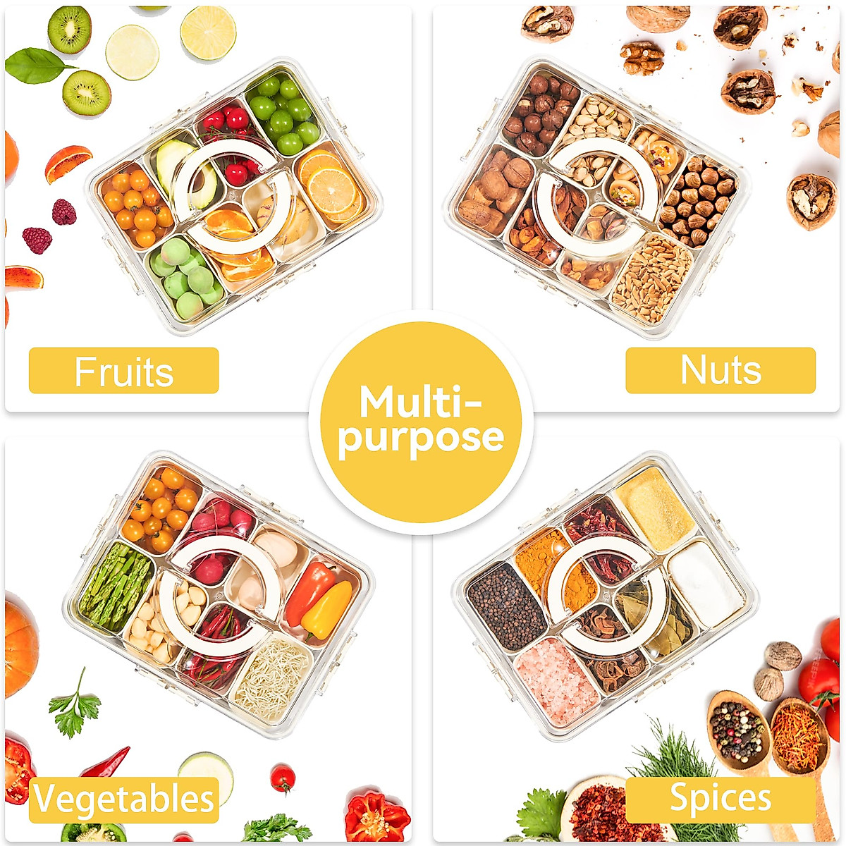 FIGWINET Snack Box Container, Rectangular, Compartmentalized Box with Flip Top Lid, Portable, Plastic, Reusable, Daily Use, Picnics, Parties, Kitchen Storage, Travel