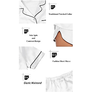 SWOMOG Satin Christmas Pajamas Women Set Silk Pjs Set Short Sleeve 2 Piece Button Down Sleepwear Lounge Sets White