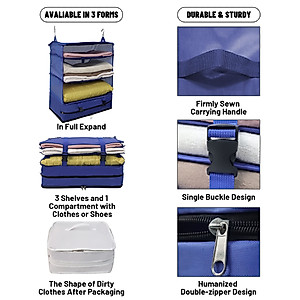 Caroeas Portable Hanging Travel Shelves Bag Suitcase Organizer Carry-on Closet Packing Cubes for Travel, 4-Shelf Suitcase Closet with 2 Hooks, X-Large Capacity, Blue