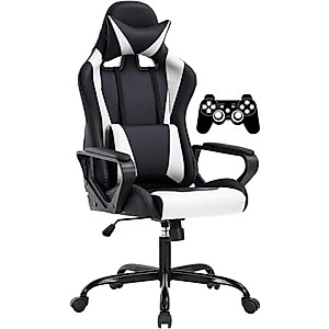 Gaming Chair Office Chair High-Back Ergonomic Video Game Chairs for Kids Teen Adult Height Adjustable Reclining Computer Chair with Lumbar Support Armrest Headrest Game Chair - White