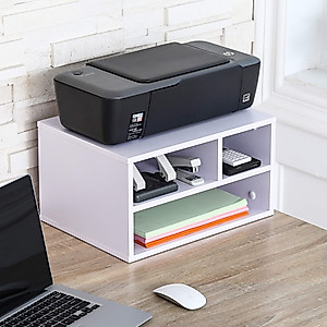 FITUEYES Desktop Printer Stand, White Wood Paper Organizer Printer Stands with Storage, Workspace Desk Printer Riser Shelf with Anti-Slip Pads for Home Office, 2 Tiers, 15.7" L x 11.8" W x 8.7" H
