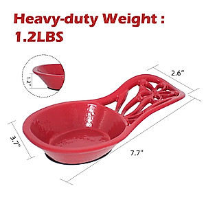 Spoon Rest for Stove Top - Vintage Robust & Unbreakable Cast Iron Spoon Rest Ladle Holder for Kitchen Counter with Flower Pattern, Red