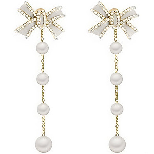 Long Bow Pearl Drop Earrings for Women, Gold Plated Pearl Dangle Earrings, Hypoallergenic Elegant Gold Pearl Tassel Earring, Bow Pearl Stud Earrings, Birthday Gift