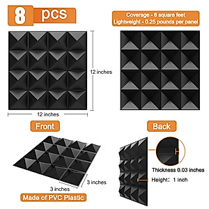 TroyStudio Acoustic Sound Diffuser Panels, 12 X 12 X 1 inches 8 Pcs PVC Plastic Wall Panel, Recording Studio Acoustical Treatments Diffusion Panel, 3D Art Decorative Ceiling Tiles (Pyramid, Black)