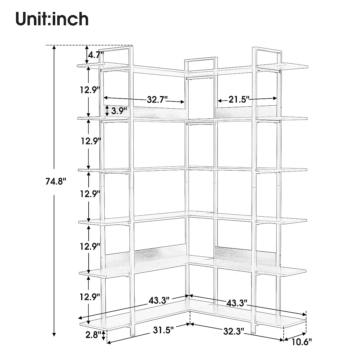 ASTRAEUS Bookshelf 6 Tiers Corner Bookcase L Shaped Shelf,Black