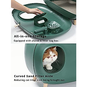 MS Cat Litter Box for Easier Handling of Cat Litter, Enclosed Design, Easy to Clean, Prevent Sand Leakage, Easy Assembly and Large Space, with Cat Litter Scoop (Moss Green)