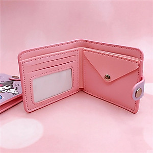 NSRAOIM Cute Small Wallet for Women and Girls, Kawaii Leather Slim Purse Bifold Card Holder Coin Pocket and ID Window, 2Pcs Set