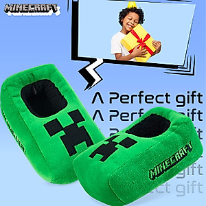 Minecraft Boys Slippers, Cozy Indoor House Shoes - Gamer Gifts for Boys (Green/Black, 2.5/3.5 US)