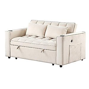 FULife 58" Convertible Sofa Couch with Pull-Out Sleeper,Adjustable Loveseat Armchair Single Bed Chair with Cup Holder,USB Port,Side Pocket&Pillows for Living Room/Apartment/Office/Studio/Small Place