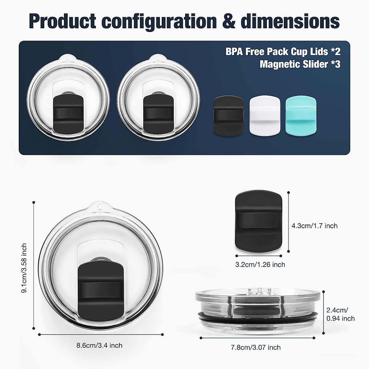20 oz Tumbler Lids,Magnetic Tumbler Lid Replacement for YETI,BPA Free 2 Pack Black Tumbler Lids & 3 Pack Magnetic Slider