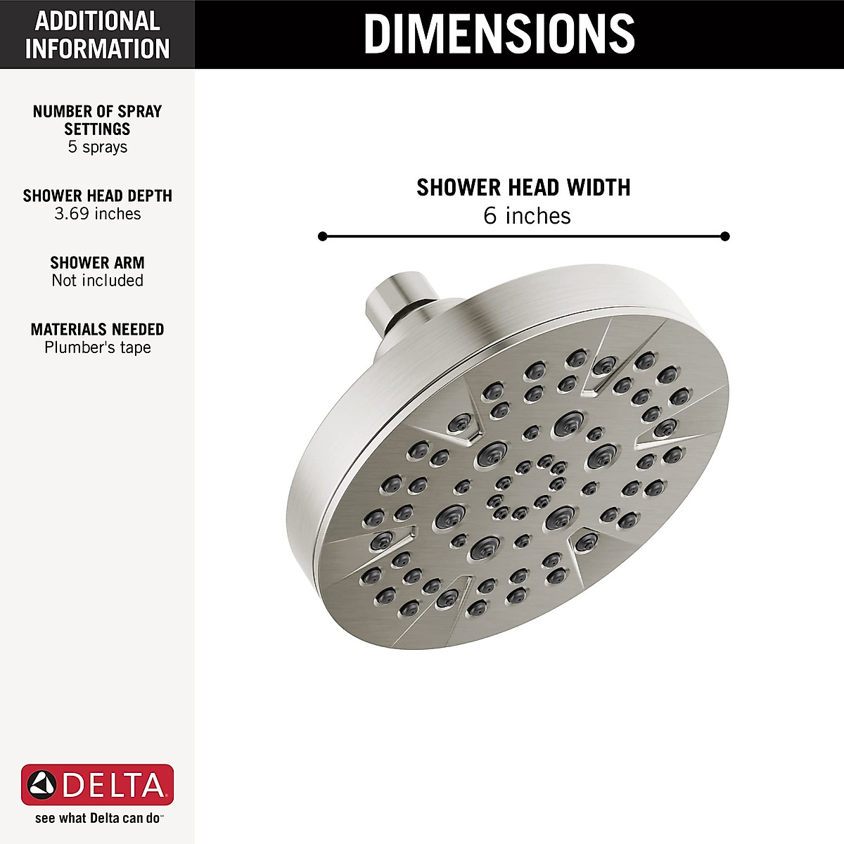 DELTA FAUCET FAUCET 5-Spray Brushed Nickel Shower Head, DELTA FAUCET Shower Head Brushed Nickel, Showerheads, 1.75 GPM Flow Rate, Stainless 52535-SS
