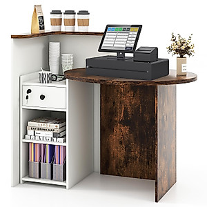 Giantex Reception Desk, Front Counter Desk with Lockable Drawer, Checkout Table with Round Tabletop, Corner Shelf & Adjustable Shelf for Office Beauty Salon Retail Store (Brown & White)