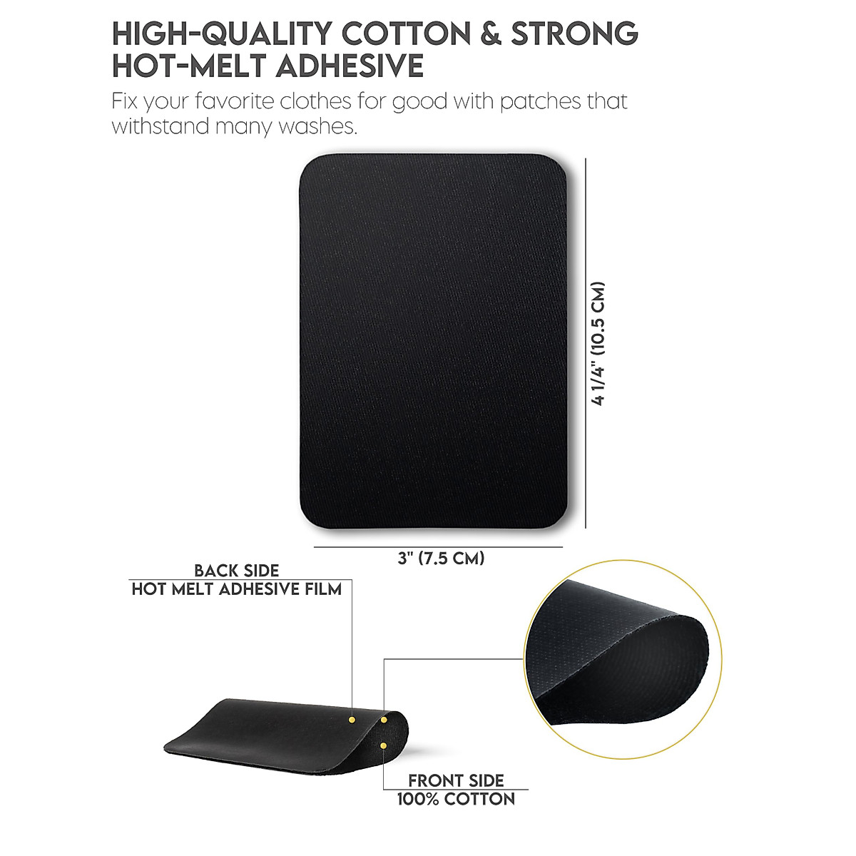 ZEFFFKA Premium Quality Fabric Iron-on Patches Inside & Outside Strongest Glue 100% Cotton Black Repair Decorating Kit 12 Pieces Size 3" by 4-1/4" (7.5 cm x 10.5 cm)