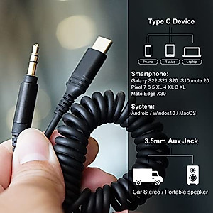 WKWZY USB-C to Aux-Cord,4FT Male to Male 3.5mm Audio-Jack Coiled-Cable with DAC Core 24bit/96khz,Type C Plug Adapter for Android Phones / Car Stereo / Portable Speaker