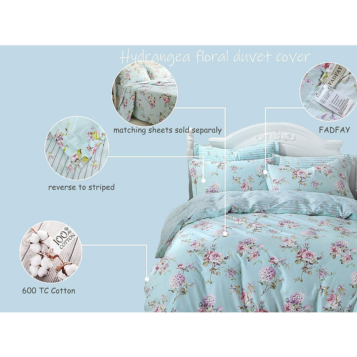 FADFAY French Country Duvet Cover Set King/California King 100% Cotton Floral Bedding Farmhouse Hydrangea Flower and Rose Floral Shabby Comforter Covers with Hidden Zipper - No Filling