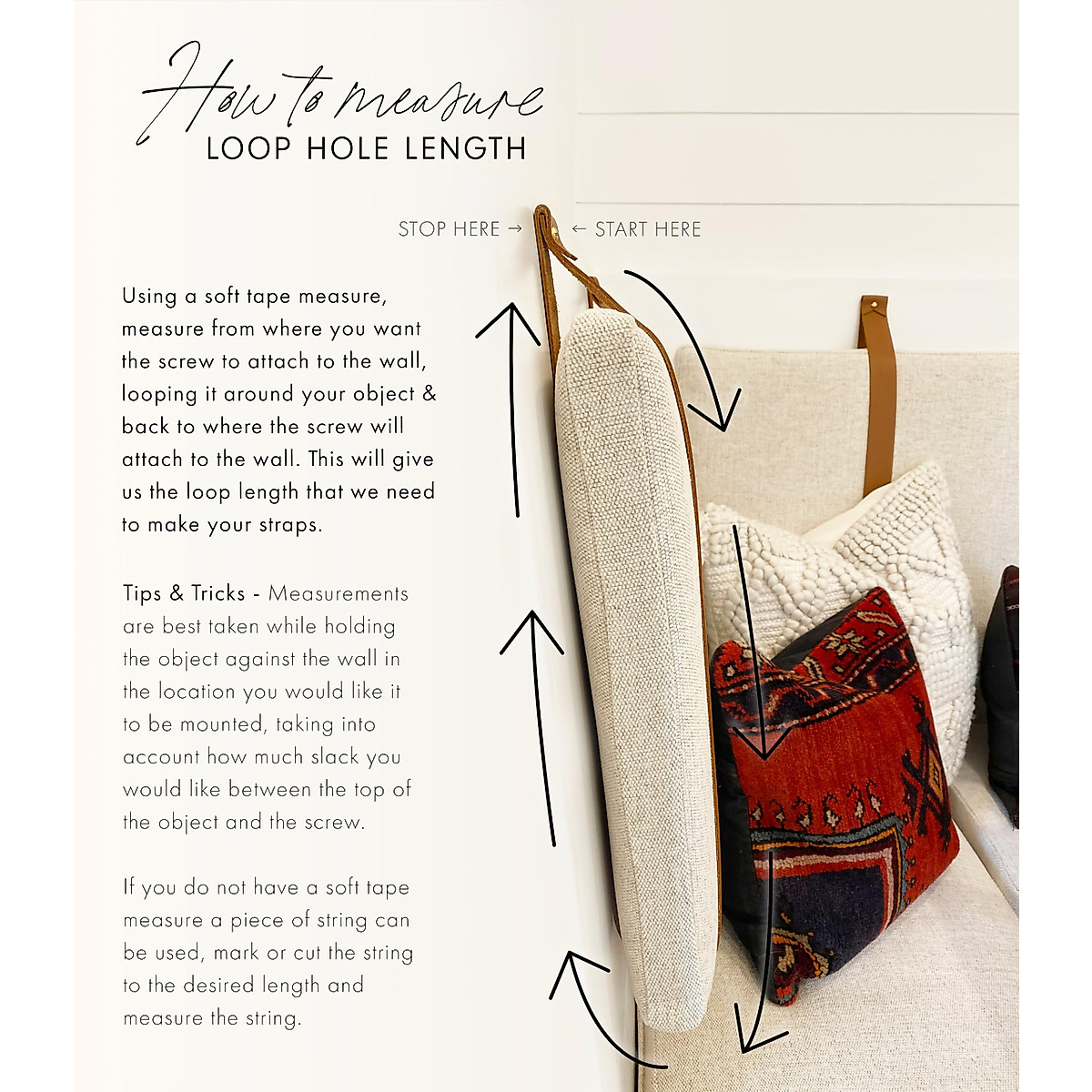 KEYAIIRA - Custom Leather Wall Strap for hanging pillow cushions, Headboards, Banquet strap shelf wall hung hook floating nightstand shelving bracket farmhouse